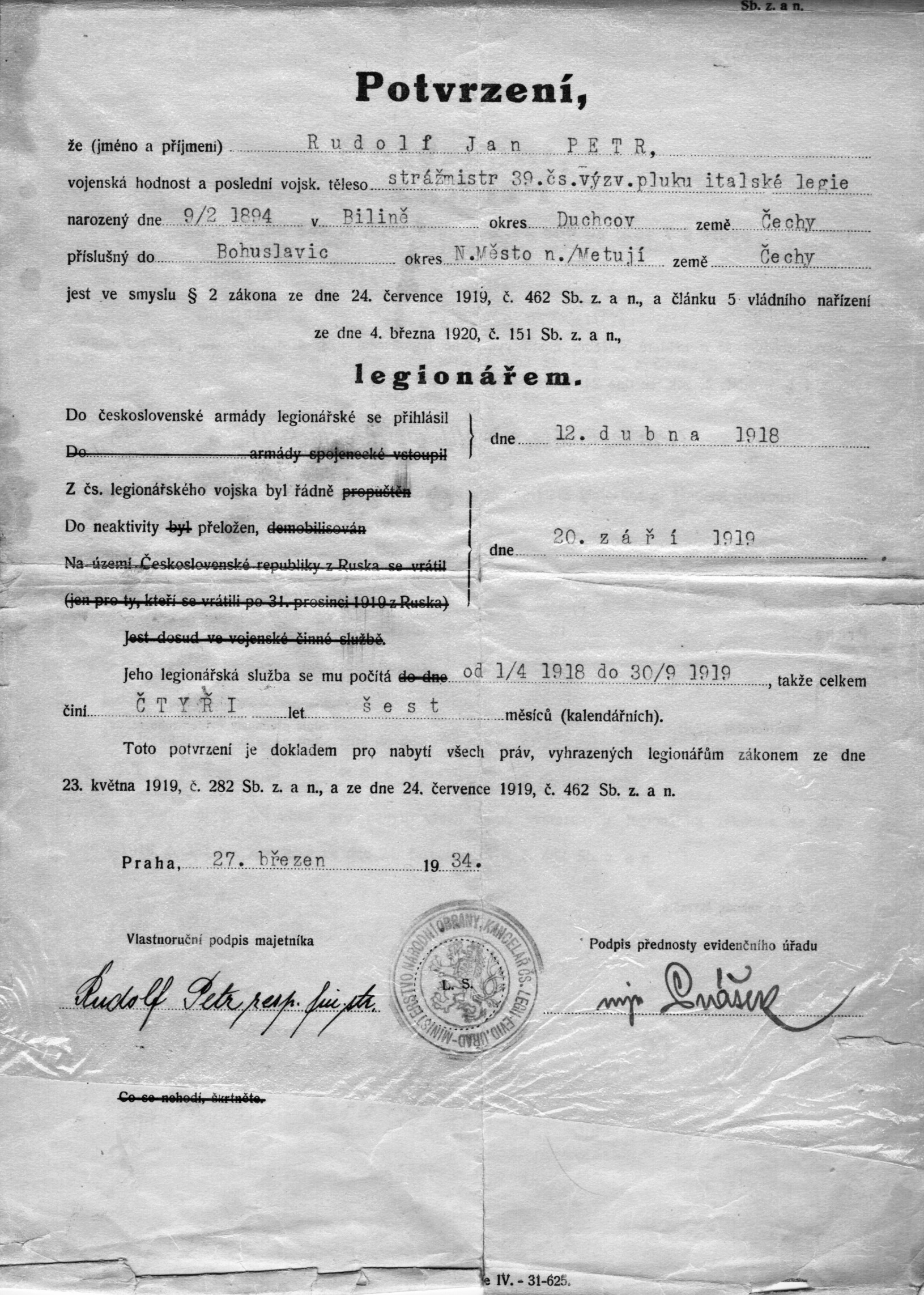 Rudolf Jan Petr, italský legionář - ČsOL - ČsOL